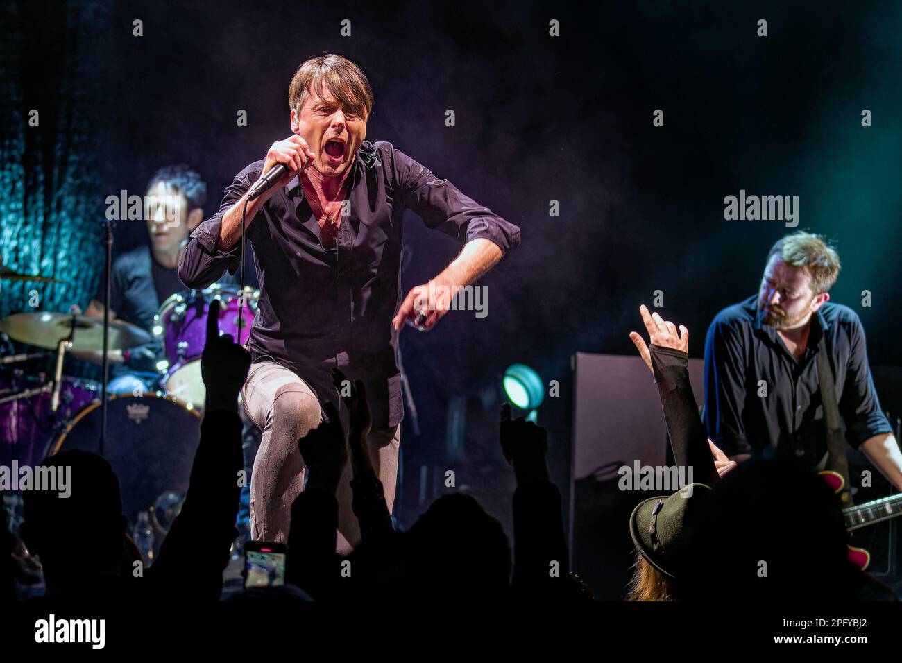 March 18, 2023: Simon Gilbert (drums), Brett Anderson (lead singer) and ...