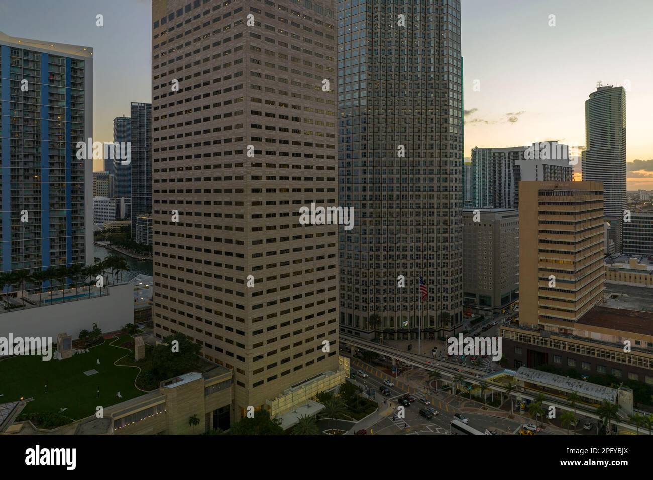 Aerial view of downtown office district of of Miami Brickell in Florida ...