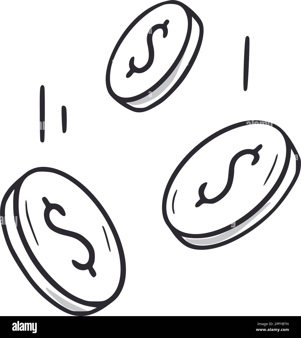 Money coin dropping doodle. Dollar coin falling hand drawn sketch style ...