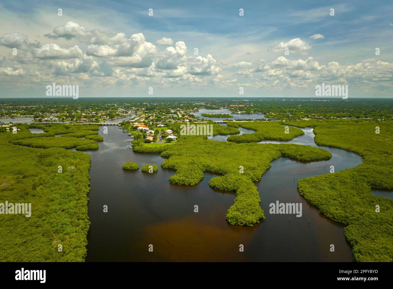Aerial view of Florida wetlands with green vegetation between ocean ...