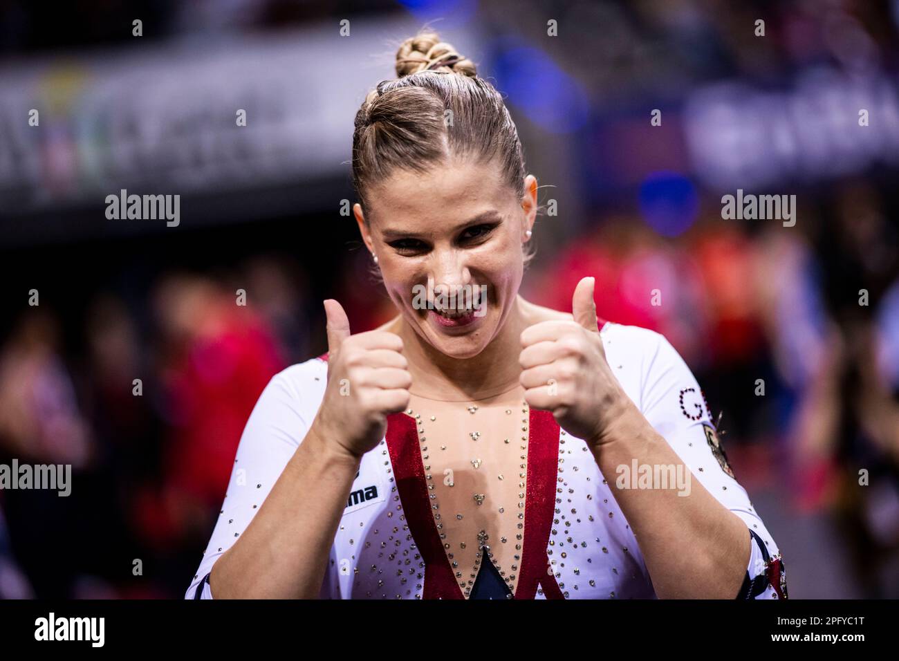 Stuttgart, Germany. 19th Mar, 2023. Elisabeth Seitz from Germany cheers ...