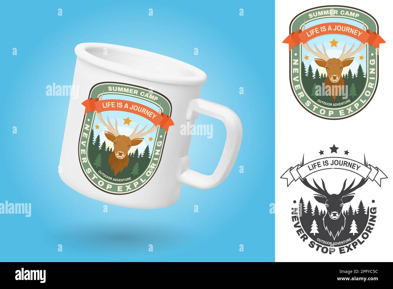 White camping cup. Realistic mug mockup template with sample design ...