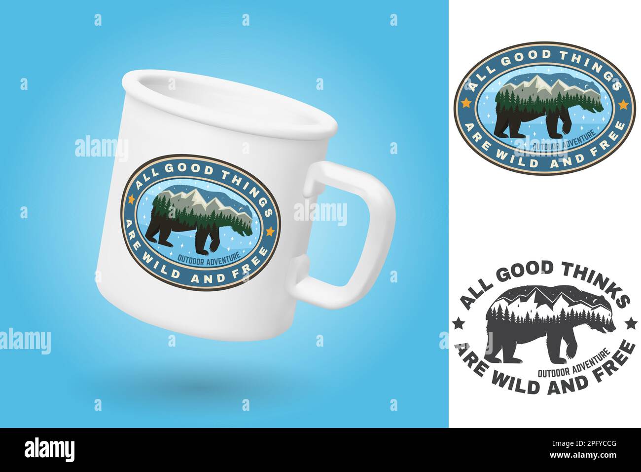 White camping cup. Realistic mug mockup template with sample design ...