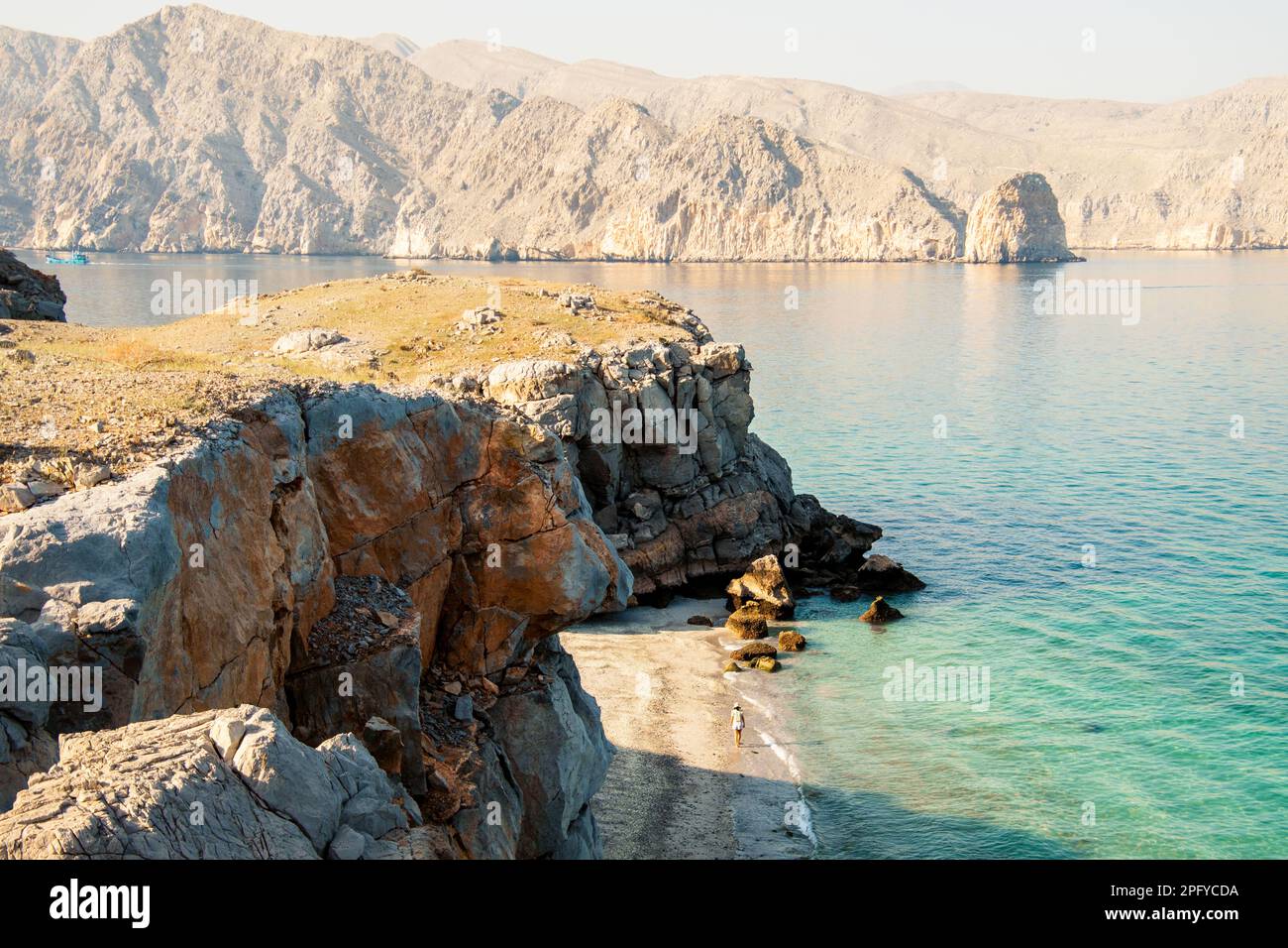 Aerial view tourist woman explore hike walk in Oman persian gulf ...
