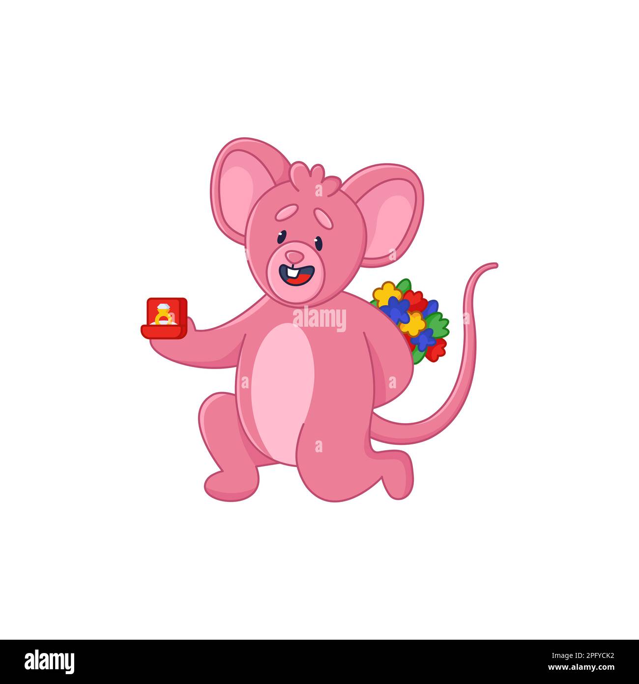Pink mouse cartoon character proposing with ring in box sticker Stock ...
