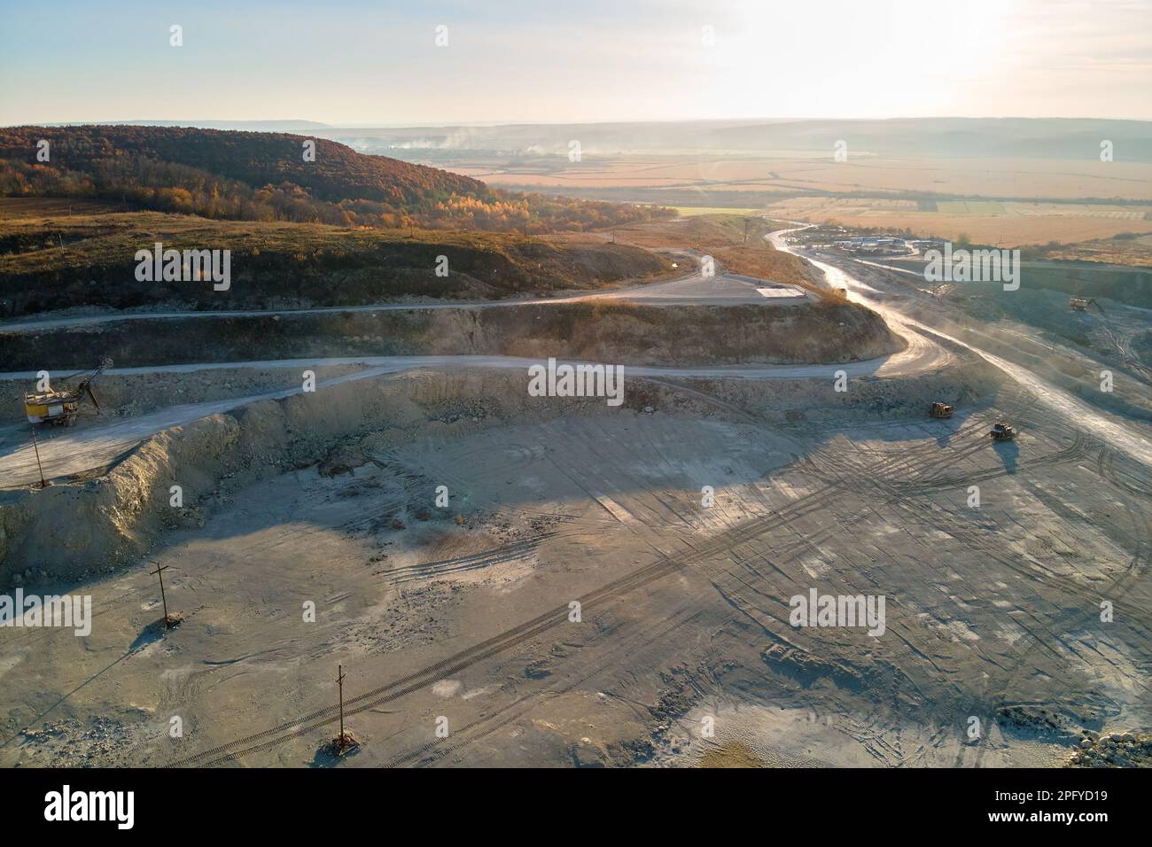 Aerial view of open pit mining site of limestone materials for ...