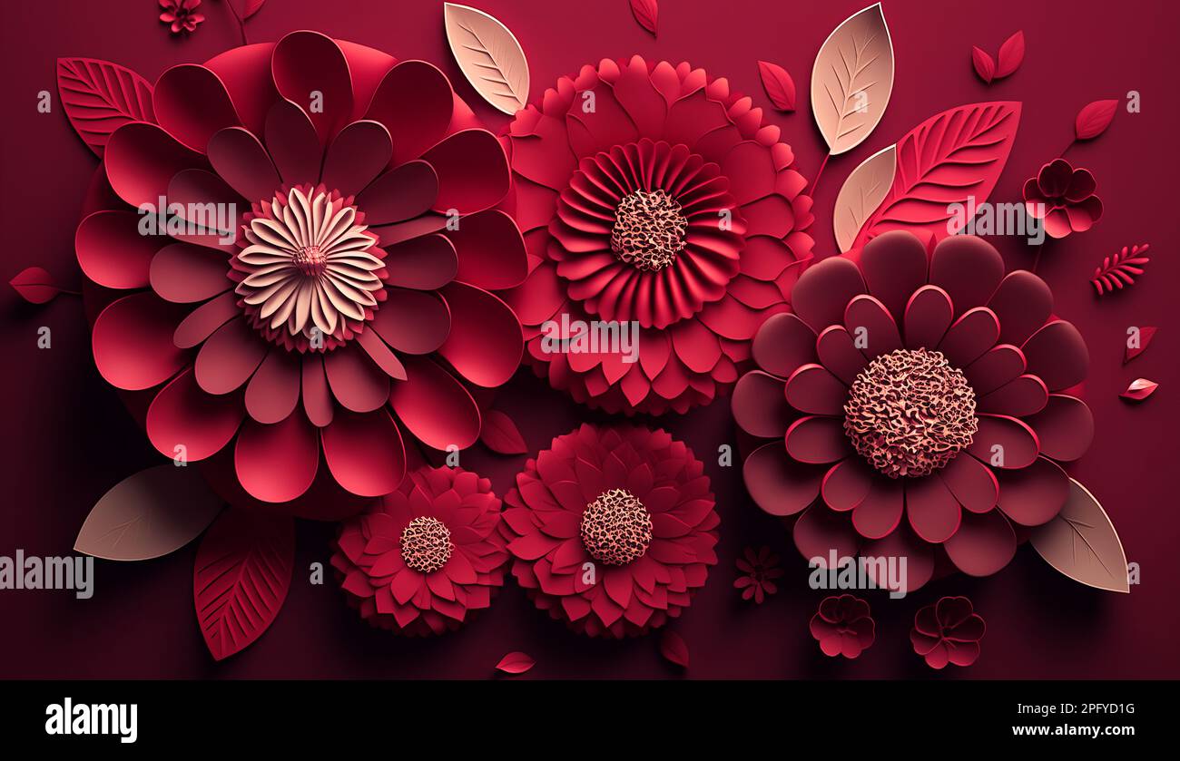 Red paper flowers on a red background. 3d illustration Stock Photo - Alamy