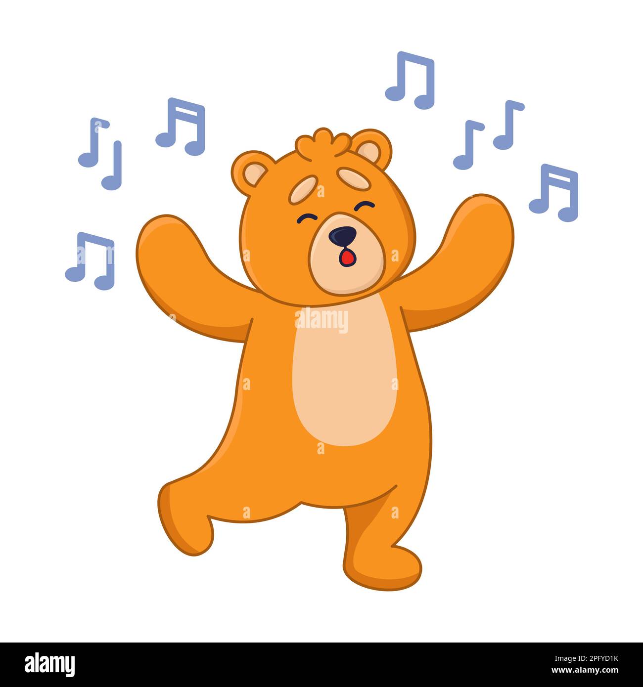 Cute Orange Bear Cartoon Character Singing And Dancing Sticker Stock