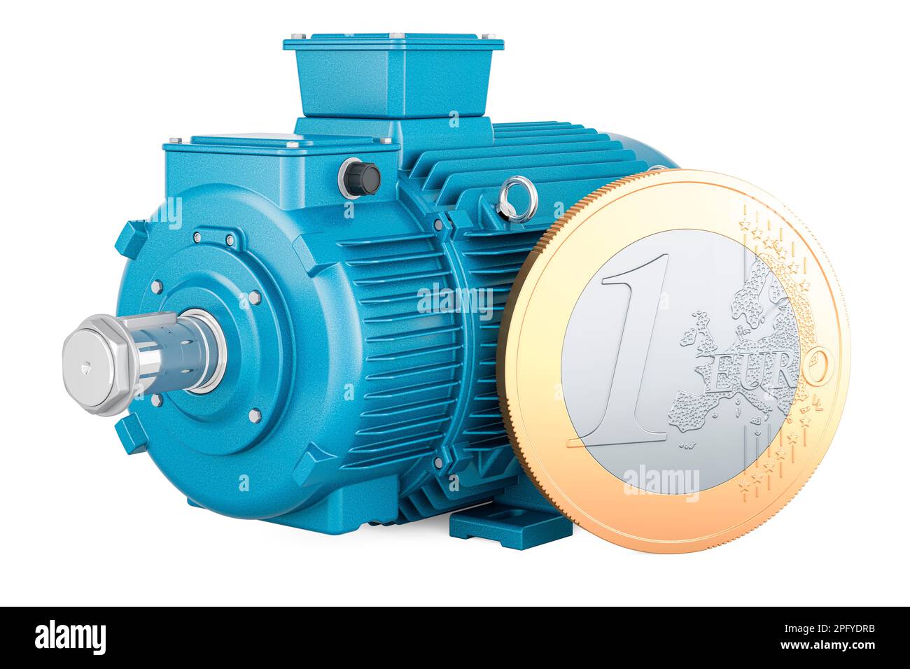Industrial electric motor with euro coin, 3D rendering isolated on ...
