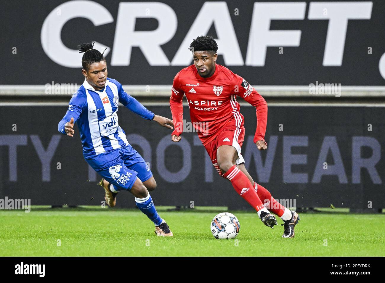 Gent's Gift Emmanuel Orban and Eupen's Brandon Baiye pictured in action ...