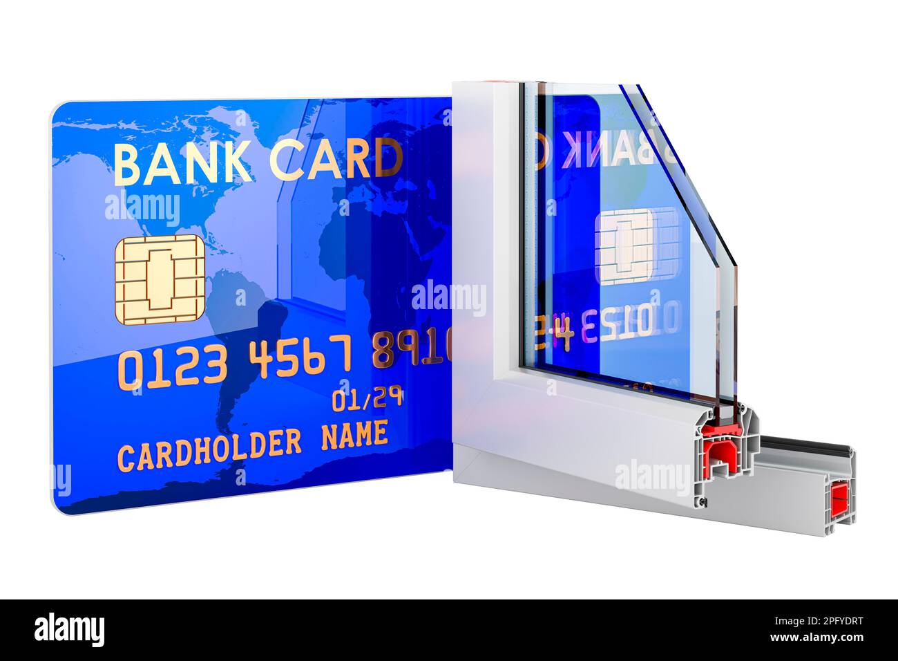 Plastic window profile with plastic banking card, 3D rendering isolated ...
