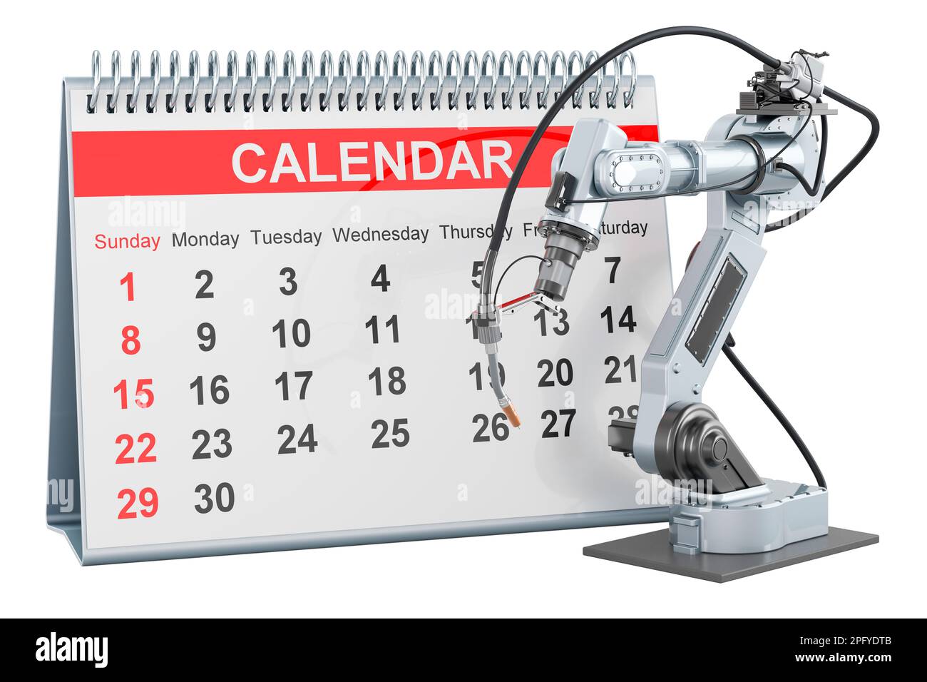 Robot welding with desk calendar, 3D rendering isolated on white ...