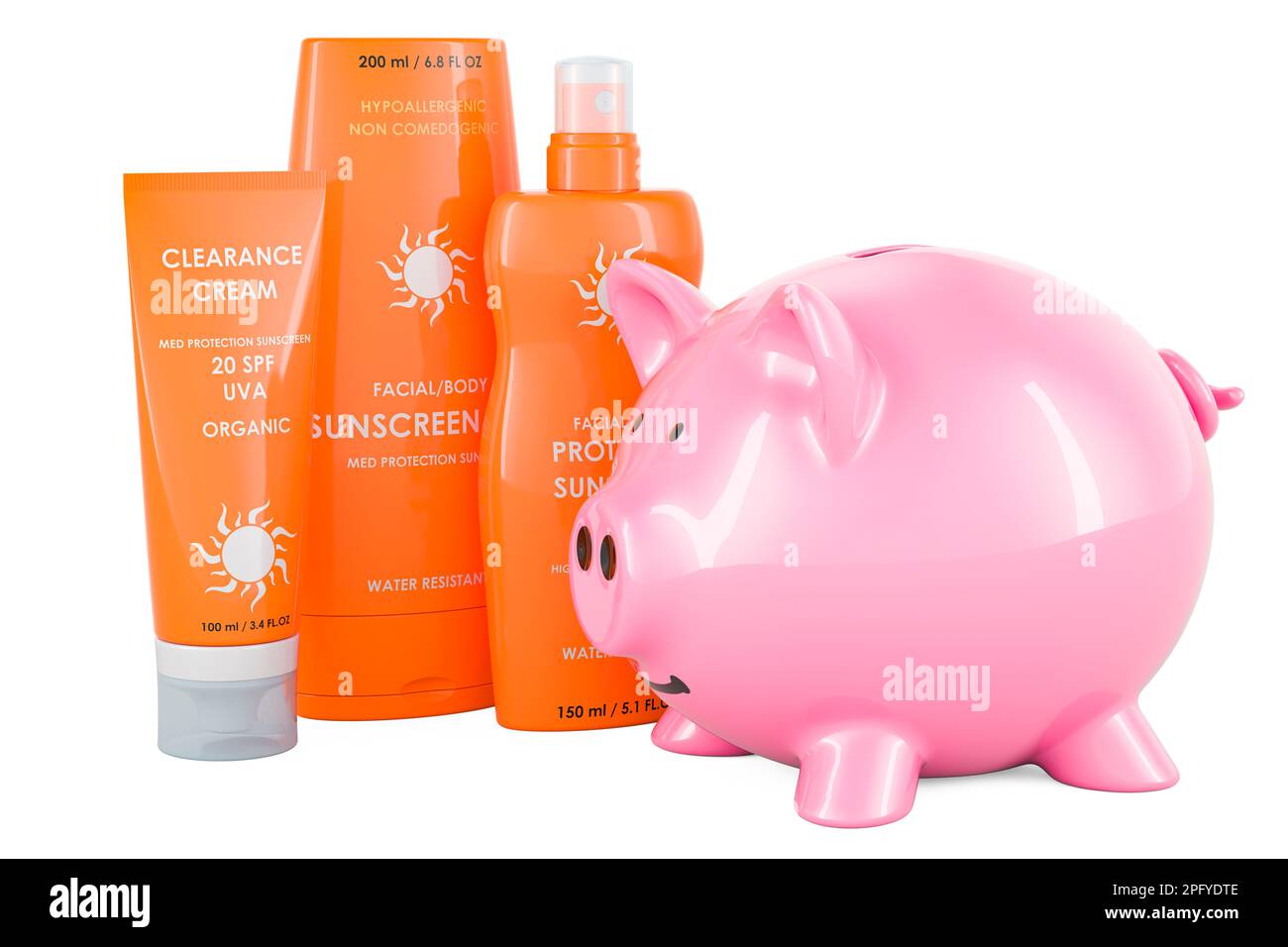 Sunscreen products with piggy bank, 3D rendering isolated on white ...