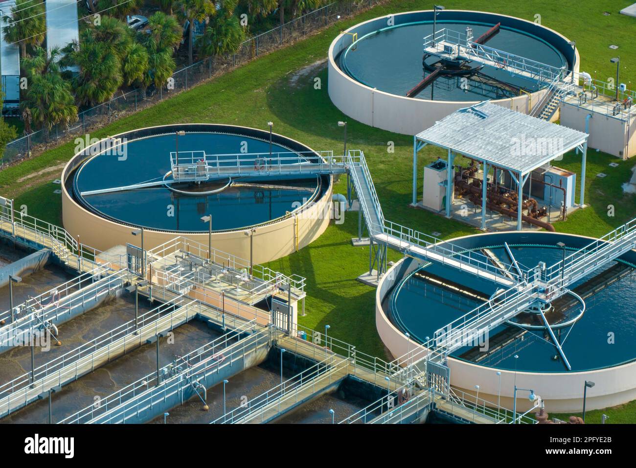 Aerial view of water treatment factory at city wastewater cleaning ...