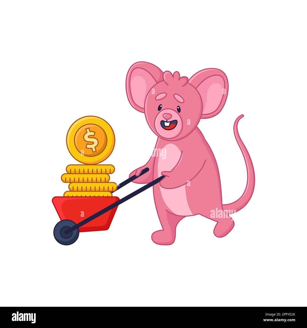 Pink mouse cartoon character with gold coins in cart sticker Stock ...