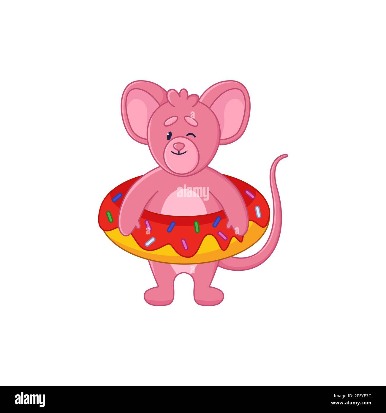 Cute pink mouse cartoon character with inflatable ring sticker Stock ...