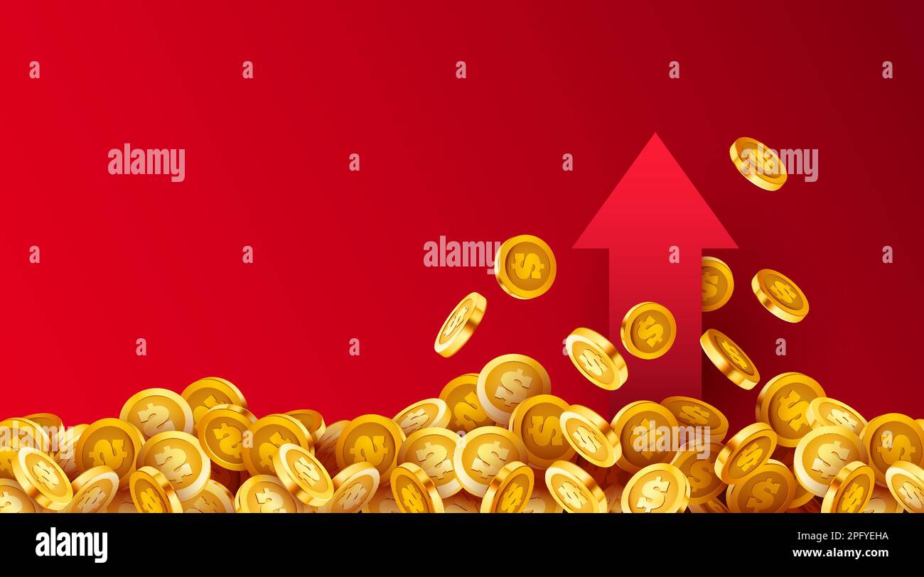 A large pile of golden coins with an upward growing arrow. Growing ...
