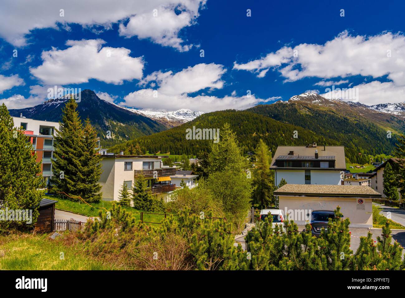 Houses in town village in Alps mountains, Davos, Graubuenden ...
