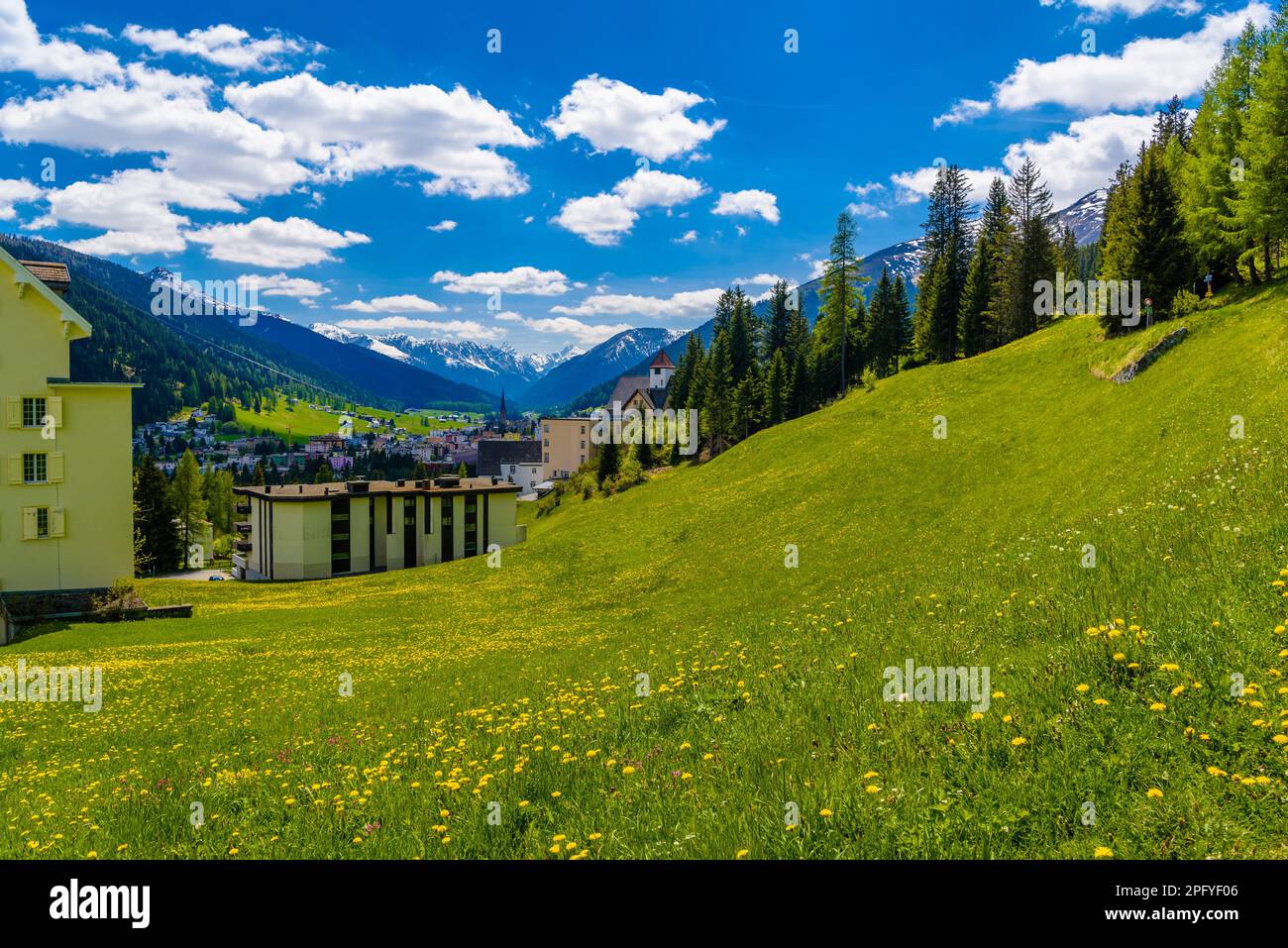 Houses in town village in Alps mountains, Davos, Graubuenden ...
