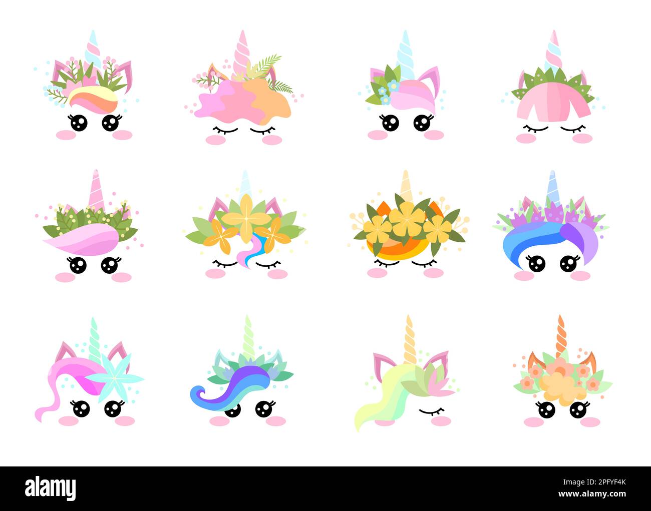 Pretty unicorn faces cartoon illustration set Stock Vector Image & Art ...