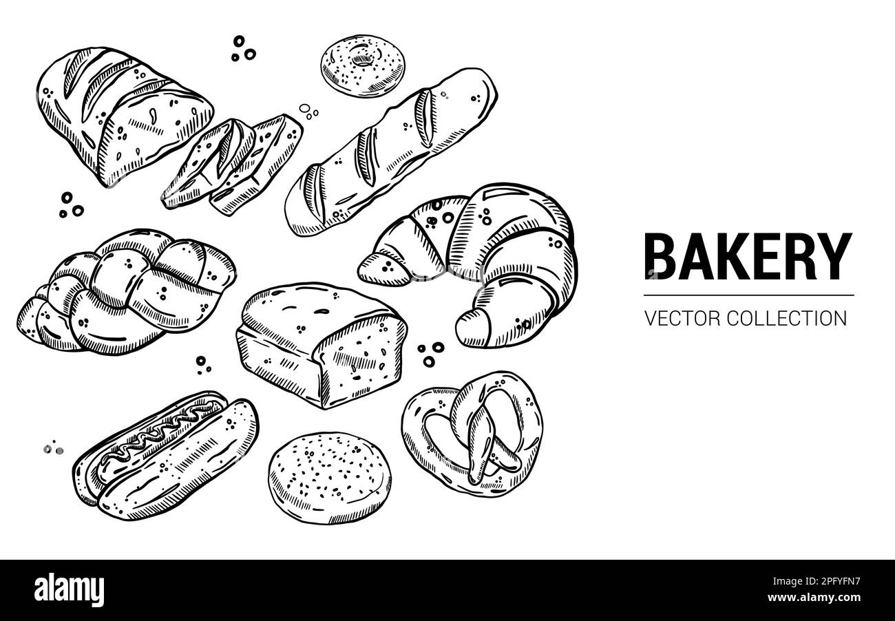 Hand Drawn Bakery Food Sketch Set with Bread Pretzel Croissant Bun ...