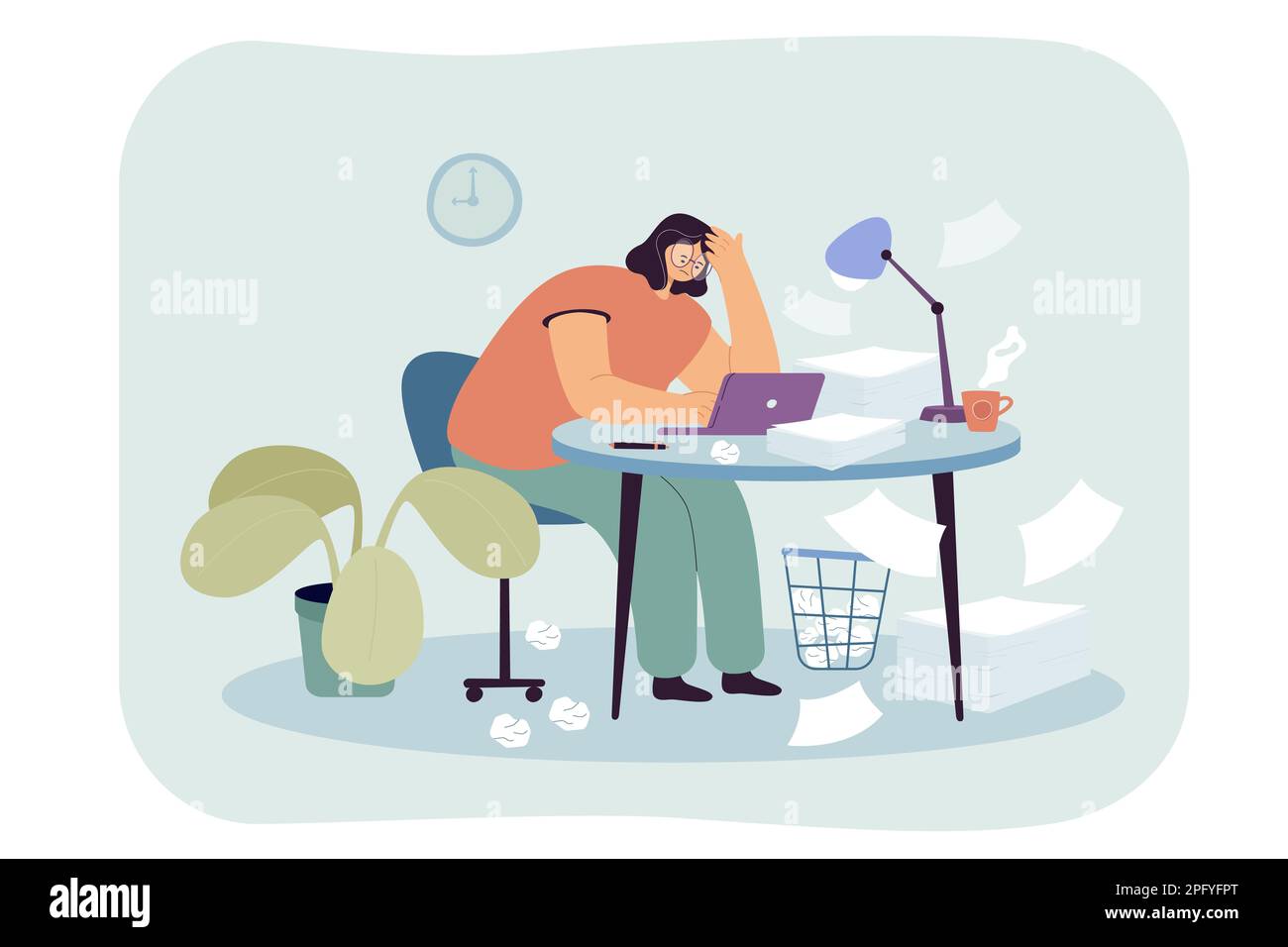 Tired overworked woman sitting at table flat vector illustration Stock ...