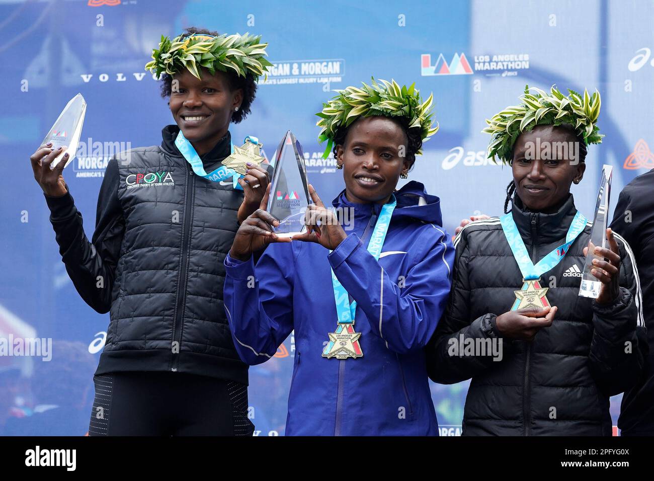 Marathon runners from Kenya, from left: Grace Kahura, Martha Akeno, and ...