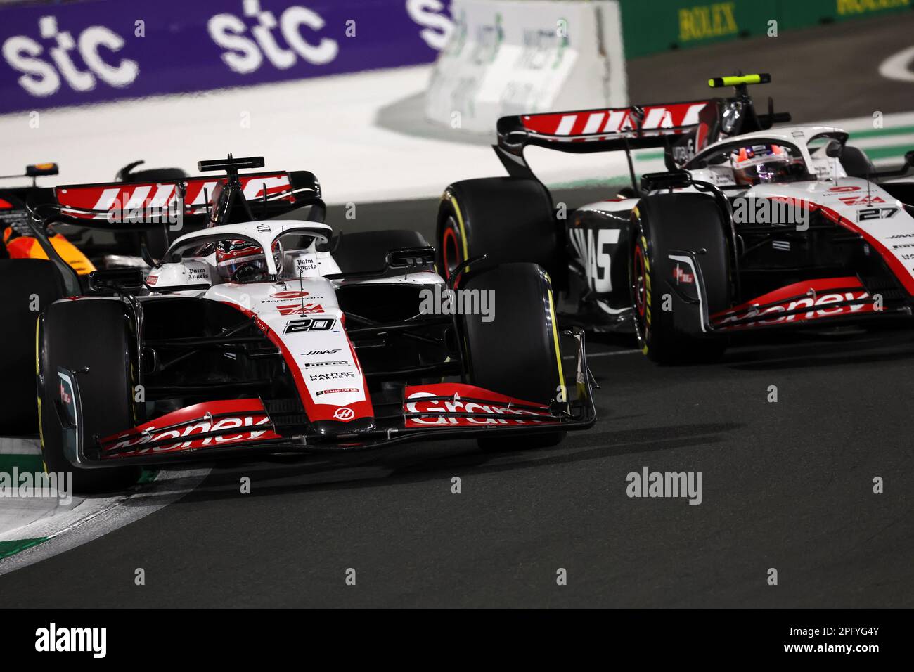 Jeddah, Saudi Arabia. 19th Mar, 2023. Kevin Magnussen (DEN) Haas VF-23 and Nico Hulkenberg (GER ...