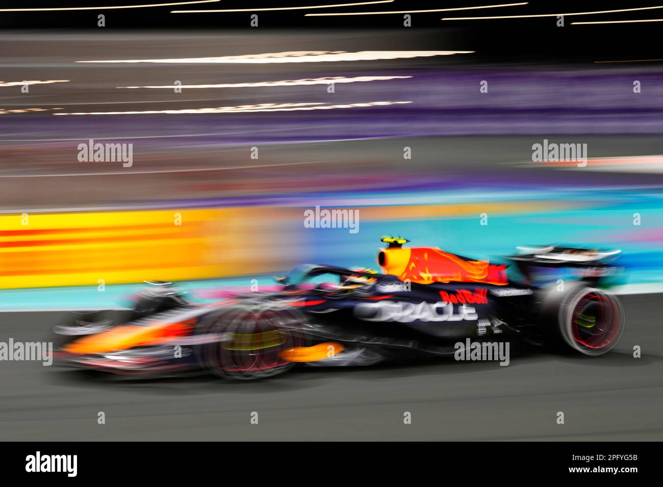 Red Bull driver Sergio Perez of Mexico steers his car during the Saudi Arabia Formula One Grand ...