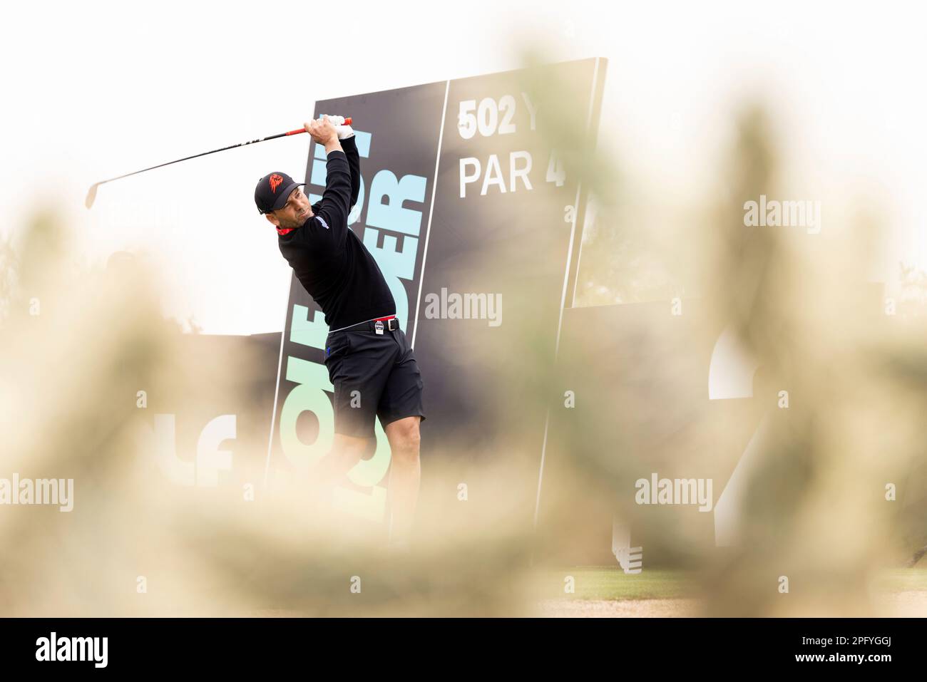 Captain Sergio Garcia of Fireballs GC hits his shot from the second tee ...