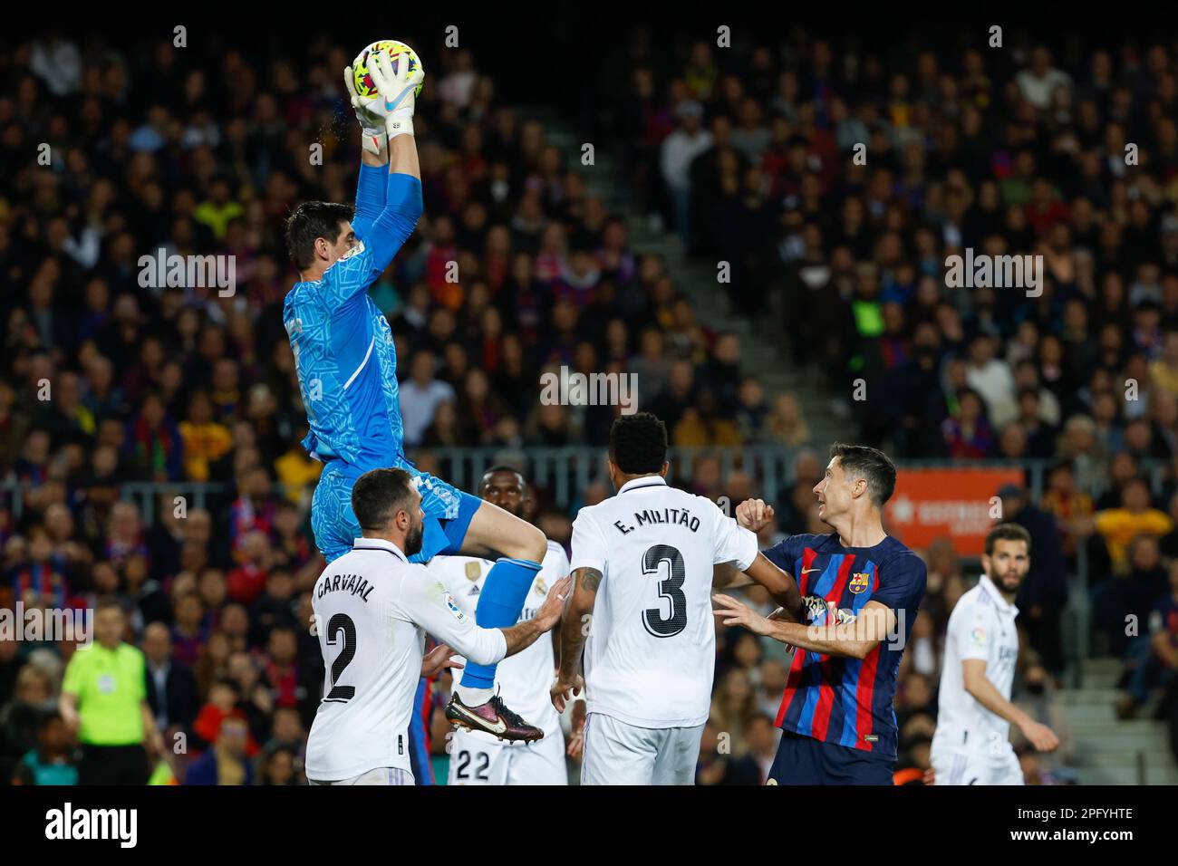 Real Madrid's goalkeeper Thibaut Courtois catches the ball during ...