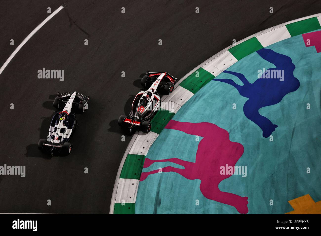 Jeddah, Saudi Arabia. 19th Mar, 2023. Nico Hulkenberg (GER) Haas VF-23 and team mate Kevin ...