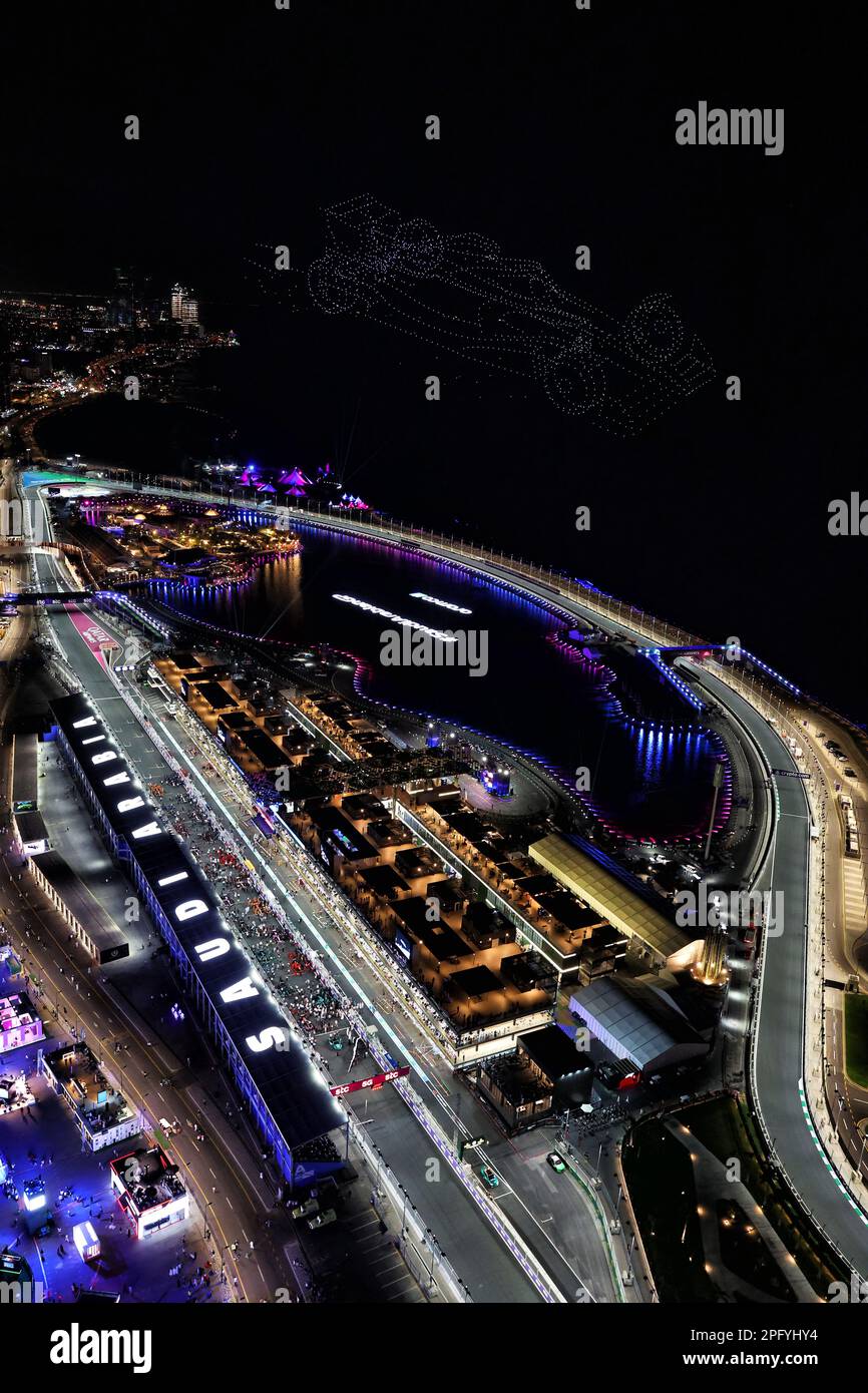 Jeddah, Saudi Arabia. 19th Mar, 2023. Circuit atmosphere - drone light ...