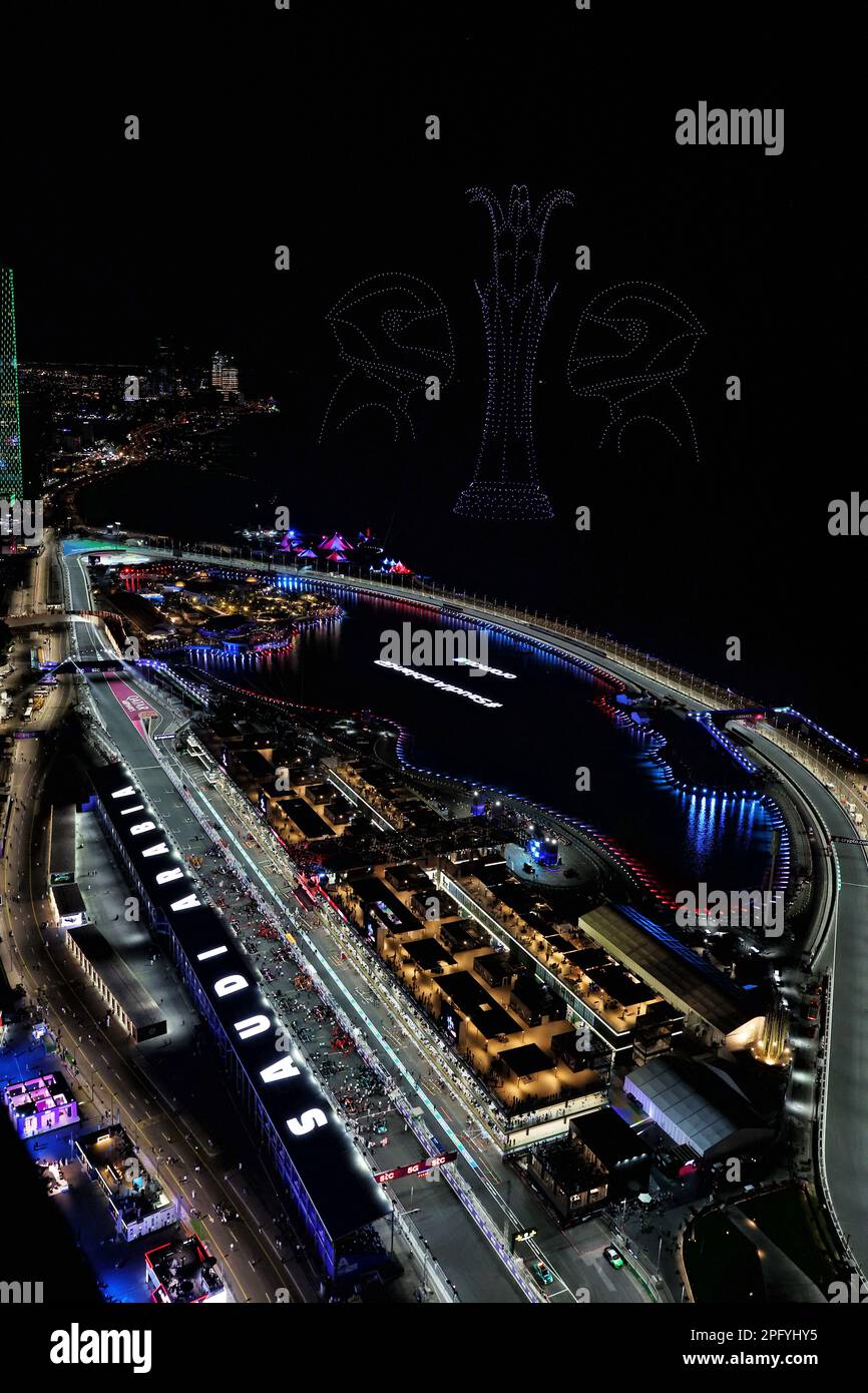 Jeddah, Saudi Arabia. 19th Mar, 2023. Circuit atmosphere - drone light ...