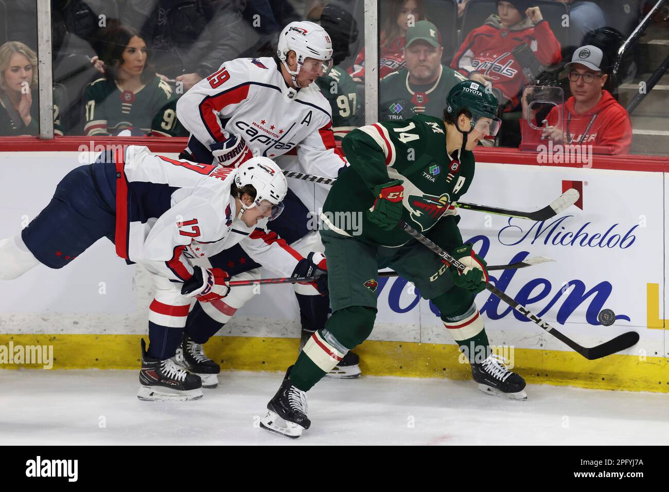 Minnesota Wild center Joel Eriksson Ek (14) handles the puck next to ...