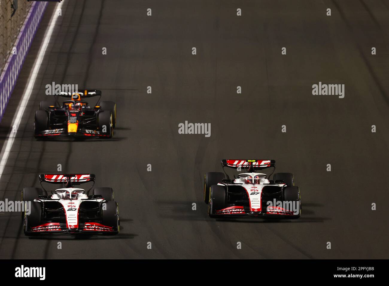 Jeddah, Saudi Arabia. 19th Mar, 2023. (L to R): Kevin Magnussen (DEN) Haas VF-23 and Nico ...