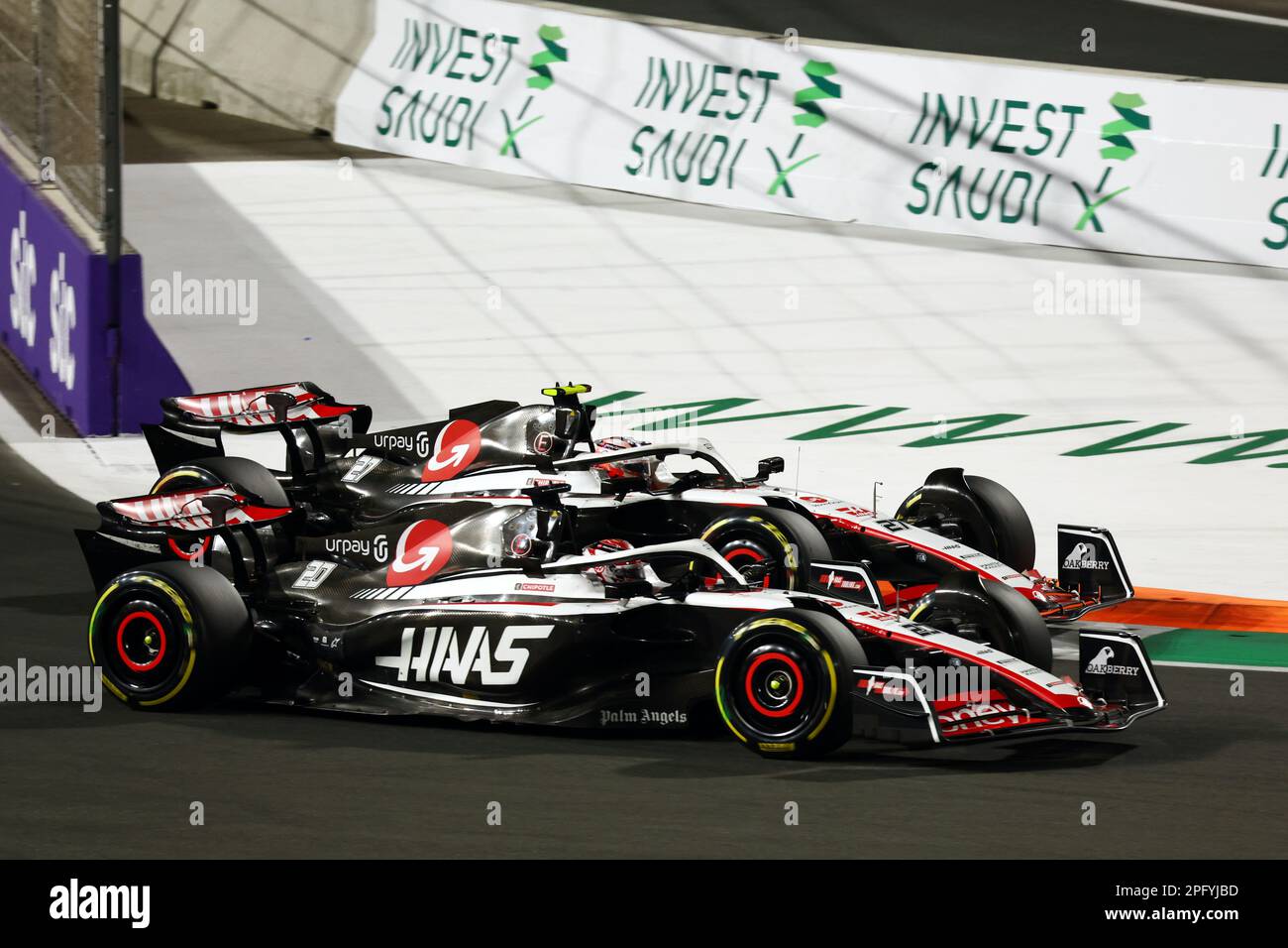 Jeddah, Saudi Arabia. 19th Mar, 2023. Kevin Magnussen (DEN) Haas VF-23 and Nico Hulkenberg (GER ...