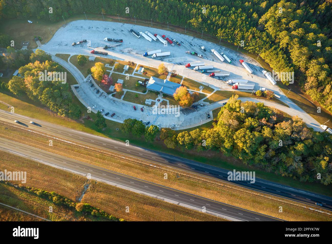 Large truck stop with resting area near busy american interstate ...