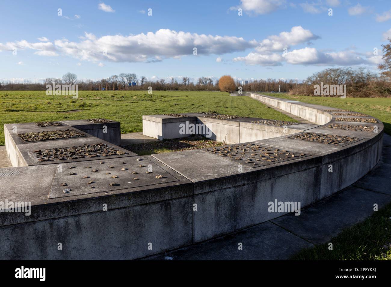 Demarcation stone curve of historic Roman wall remains with original ...