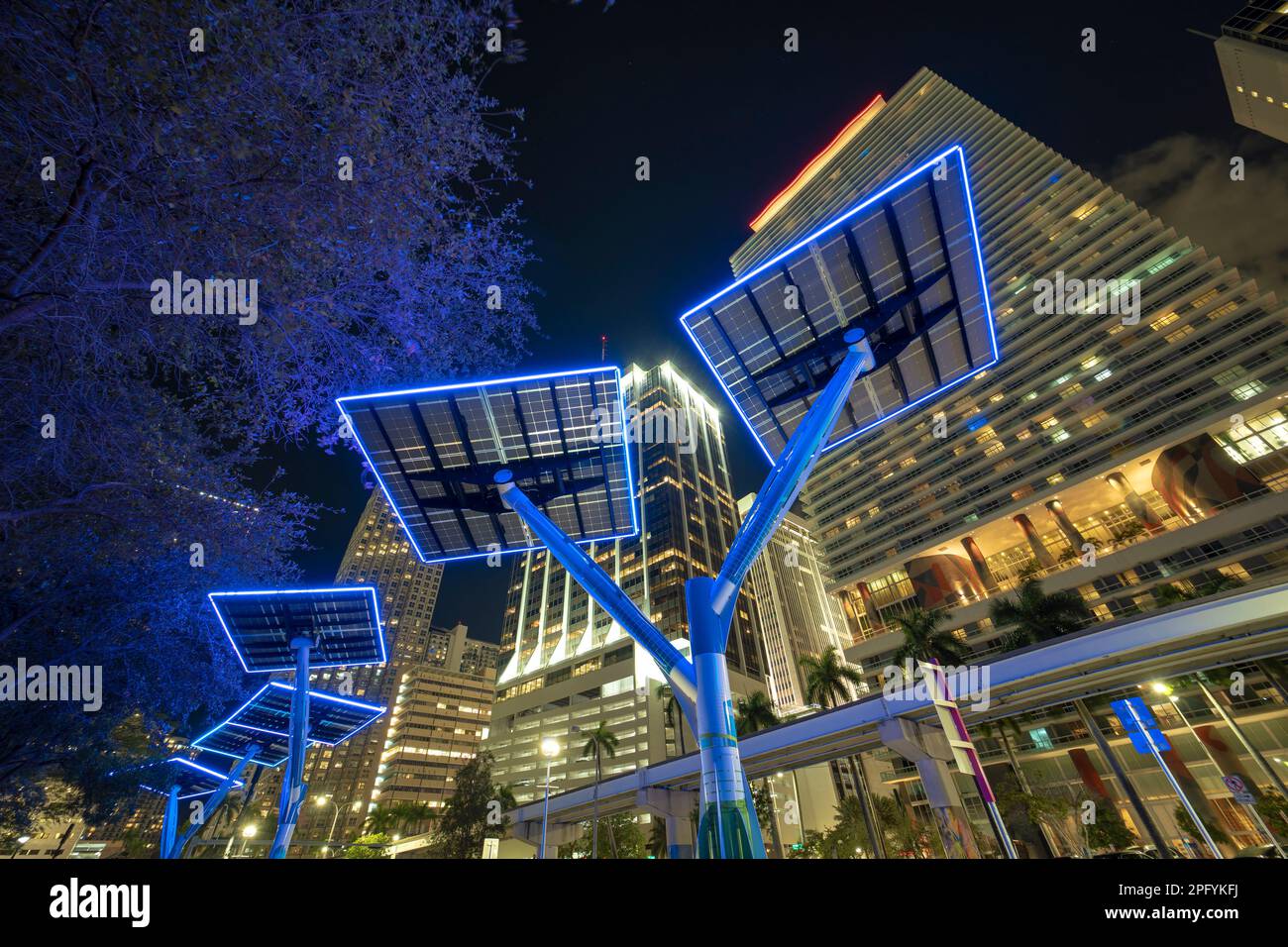 Modern urban street neon illumination with solar photovoltaic panels ...