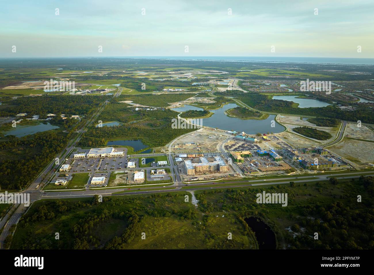 Top view of apartment buildings under construction in new developing ...