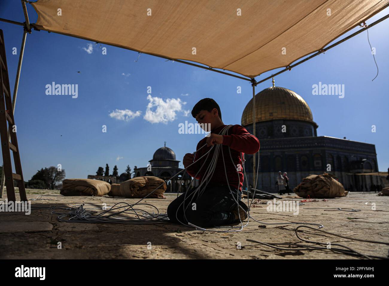 A child seen with ropes around his shoulders at the courtyards of Al ...