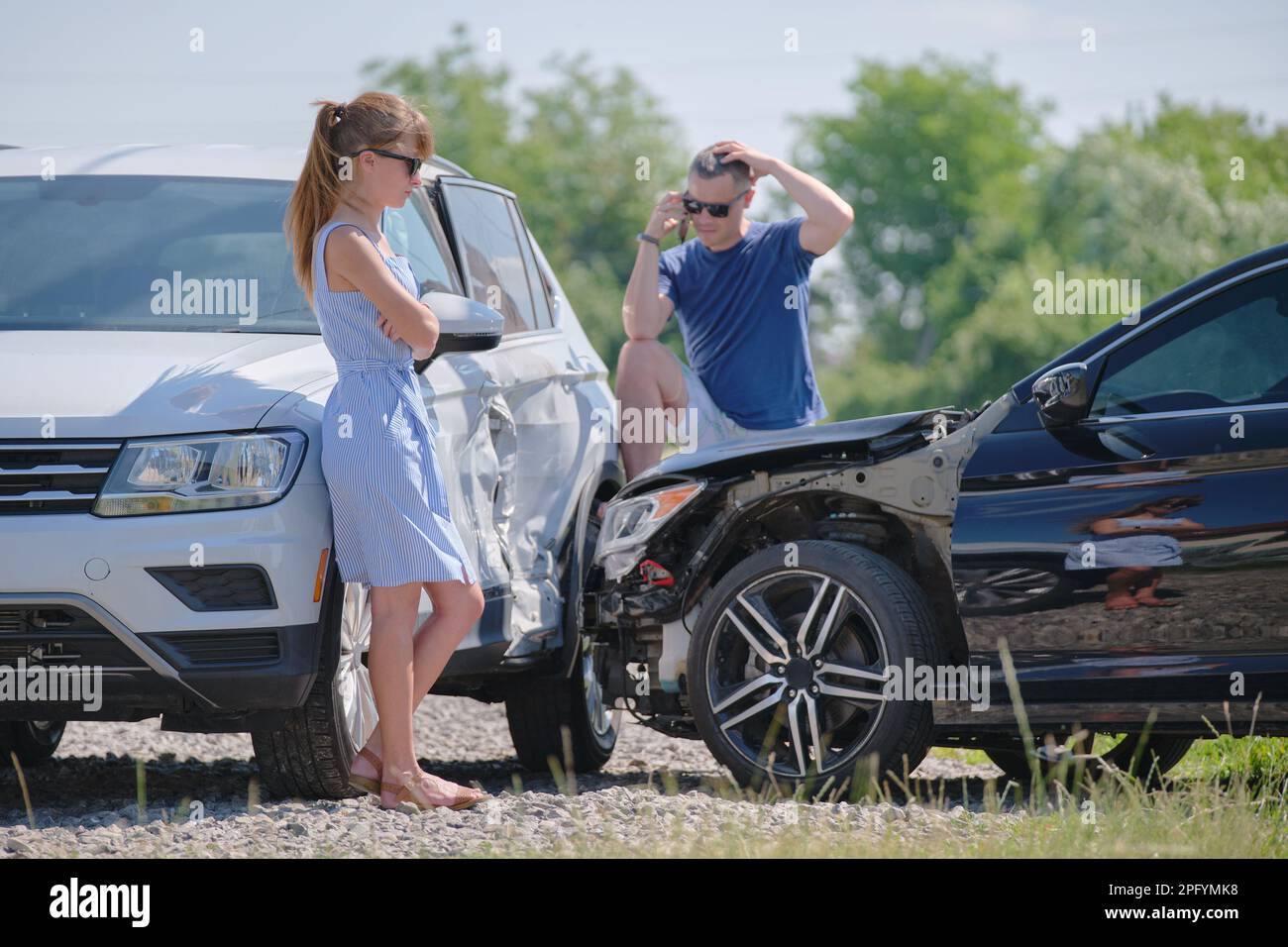 Two drivers talking on mobile phone while calling for help to rescue ...
