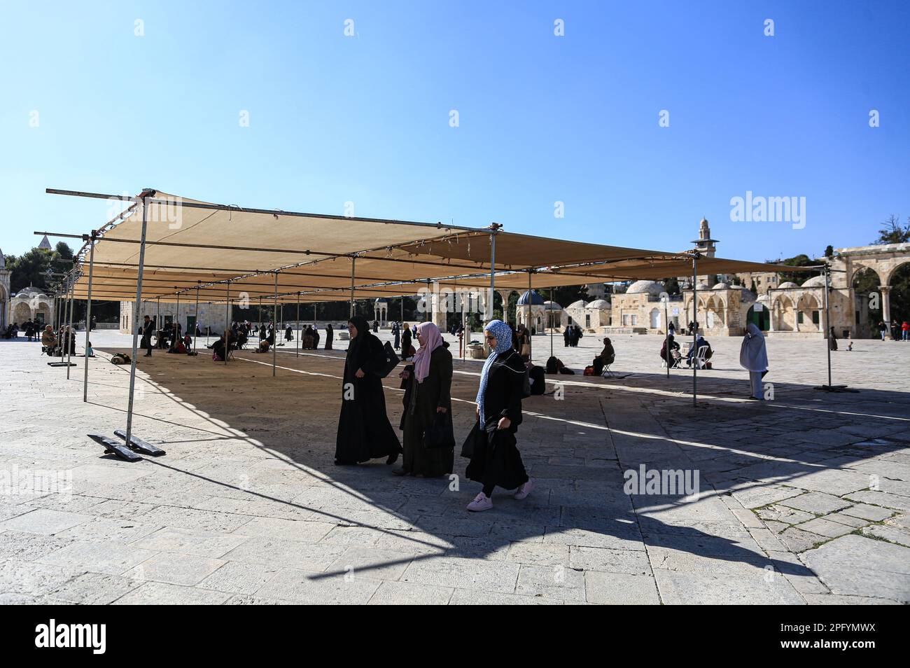 Women seen walking past raised umbrellas at the courtyards of Al-Aqsa ...