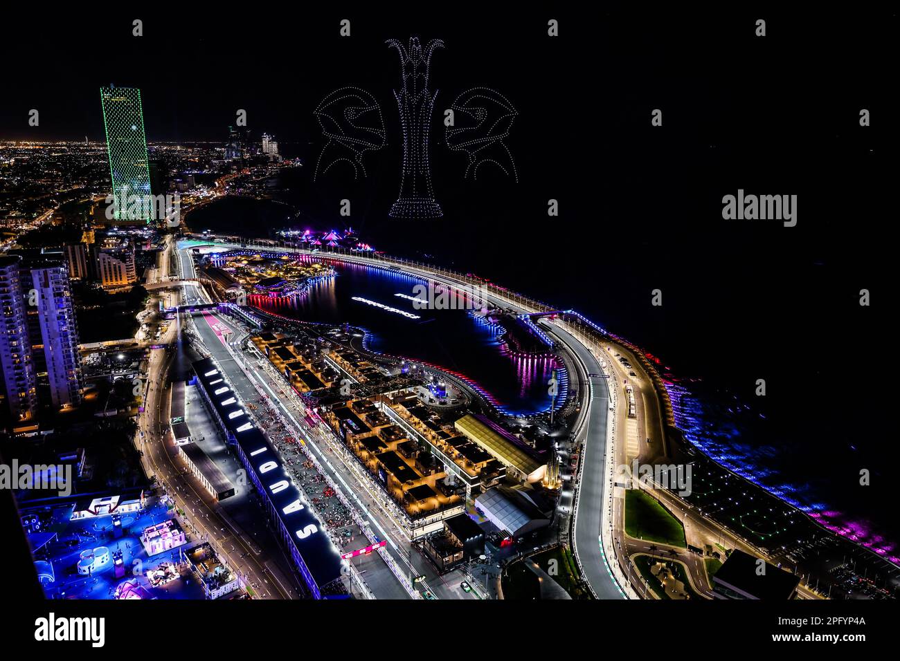 Drone show over the starting grid seen from the sky during the Formula ...