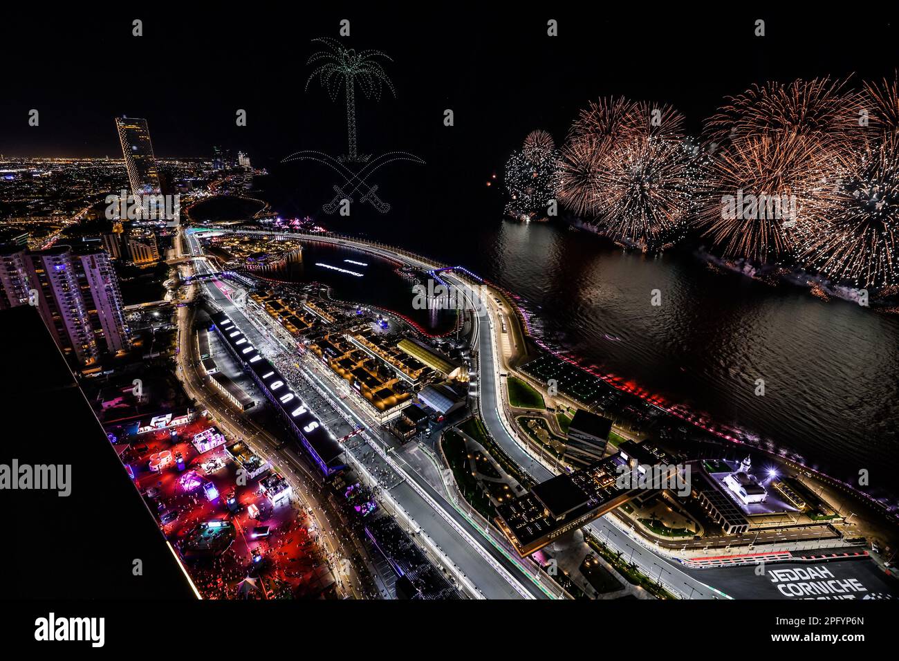 Jeddah, Saudi Arabia. 19th Mar, 2023. Drone show and fireworks over the ...