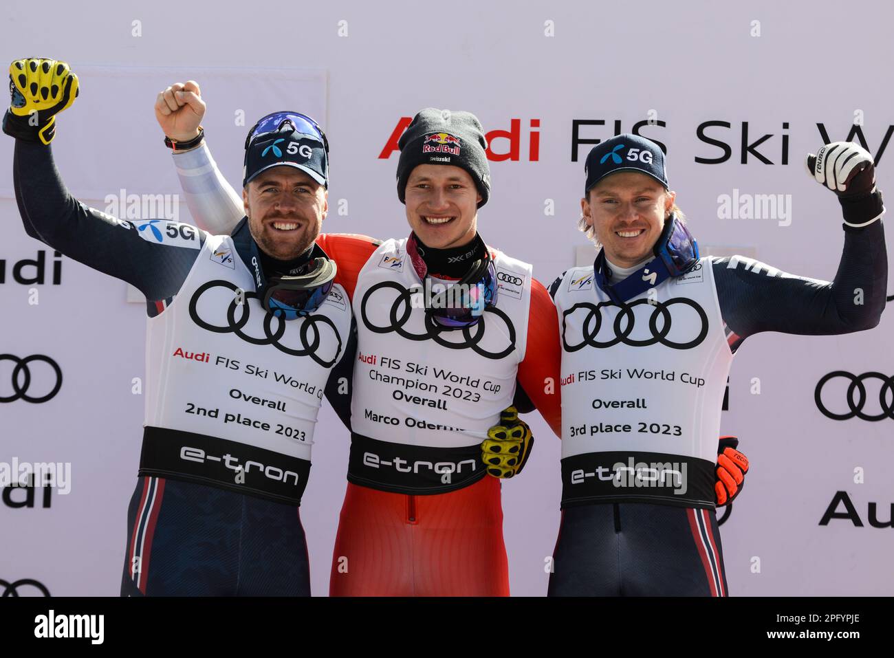 Andorra. 19th Mar, 2023. The podium for the top three ski racers for ...