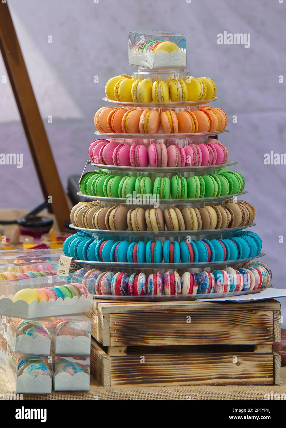 A pyramid of macaroons at the confectionery stand at the farmers street ...