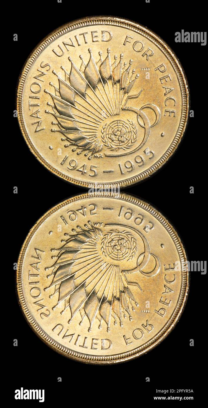 Reverse side of a 1995 £2 coin to commemorate the 50th anniversary of ...