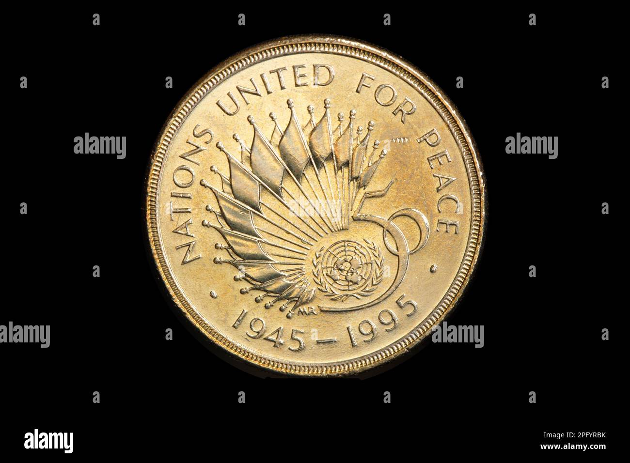 Reverse side of a 1995 £2 coin to commemorate the 50th anniversary of ...